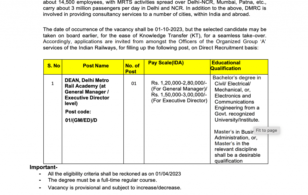 DMRA Recruitment 2023 Delhi Metro Rail Academy Dean Notification (OUT ...