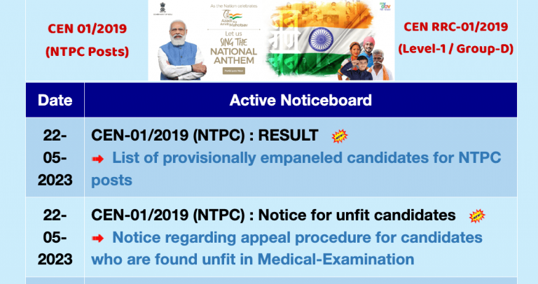 RRB CEN 01/2019 NTPC Result (OUT) Download Medical unfit & empaneled ...